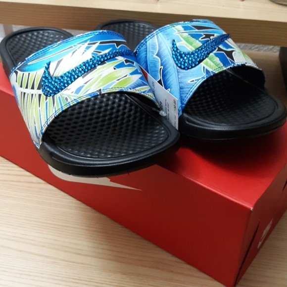 Nike | Shoes | New Custom Nike Benassi Sandals Blue Bling | Poshmark